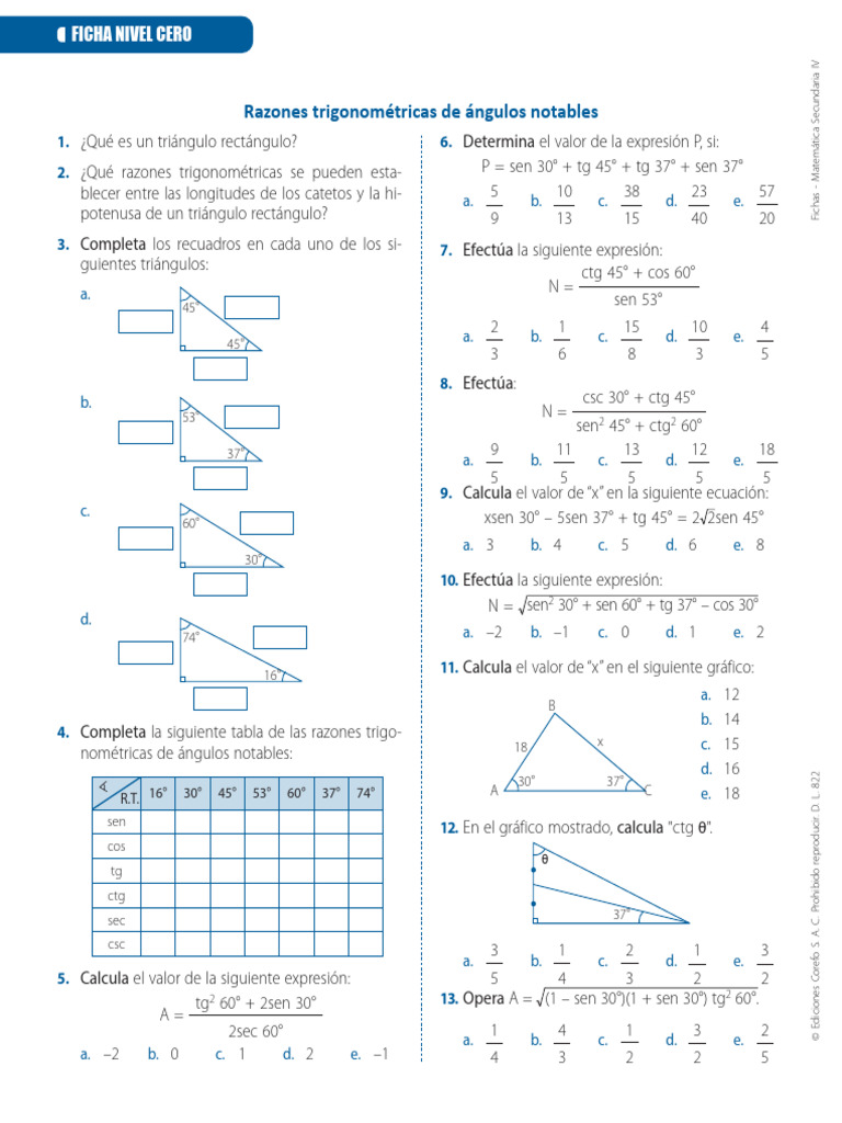 F0 - Razones Trigonométricas de Ángulos Notables | PDF | Funciones trigonométricas | Triángulo