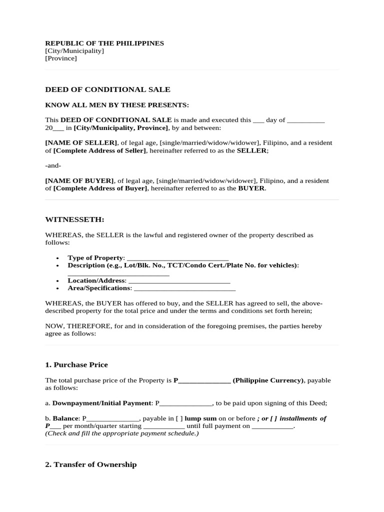 Conditional Sale Agreement Template | PDF | Title (Property) | Deed