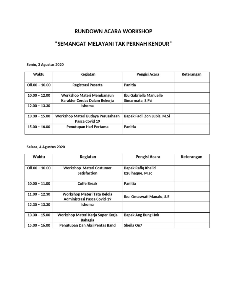 Rundown Acara Workshop | PDF