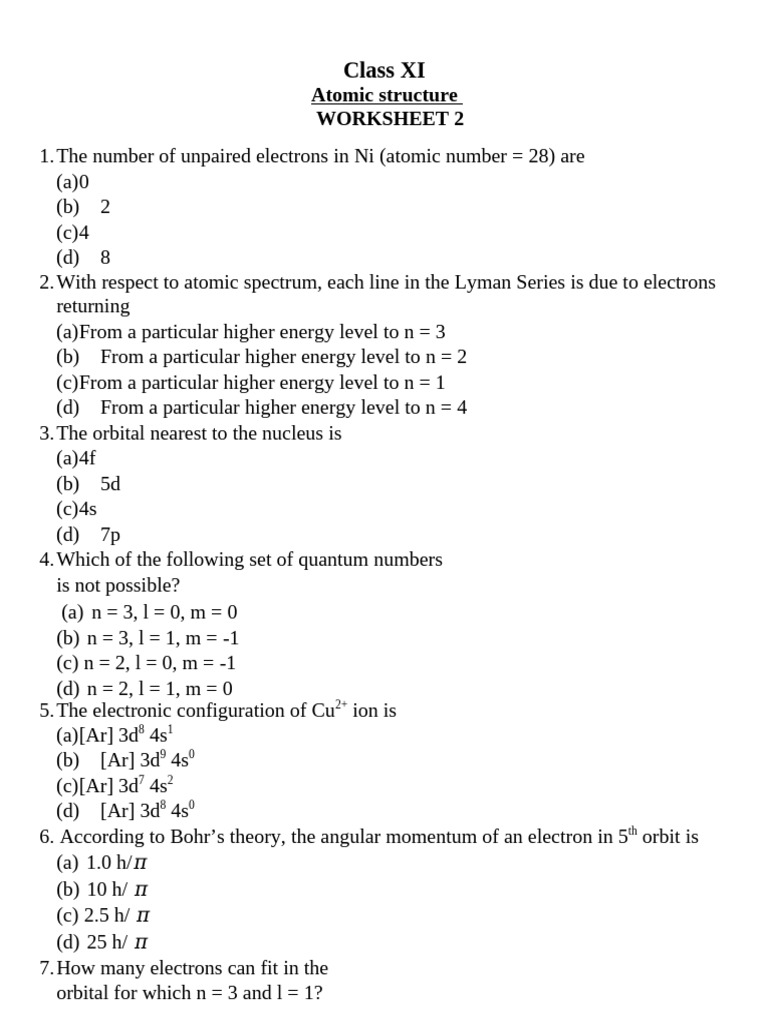 Atomic Structure Worksheet for Class XI | PDF | Atoms | Electron