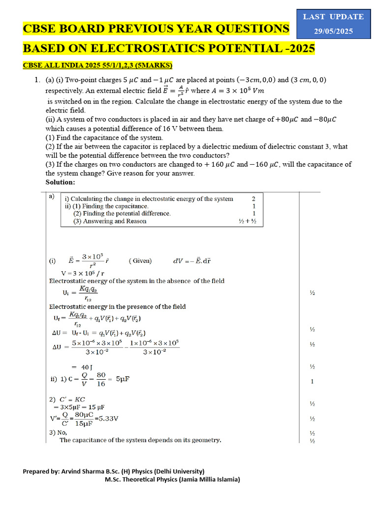 Ch2 Electrostatics Potential CBSE PYQs 2025 With Answers | PDF | Capacitor | Capacitance
