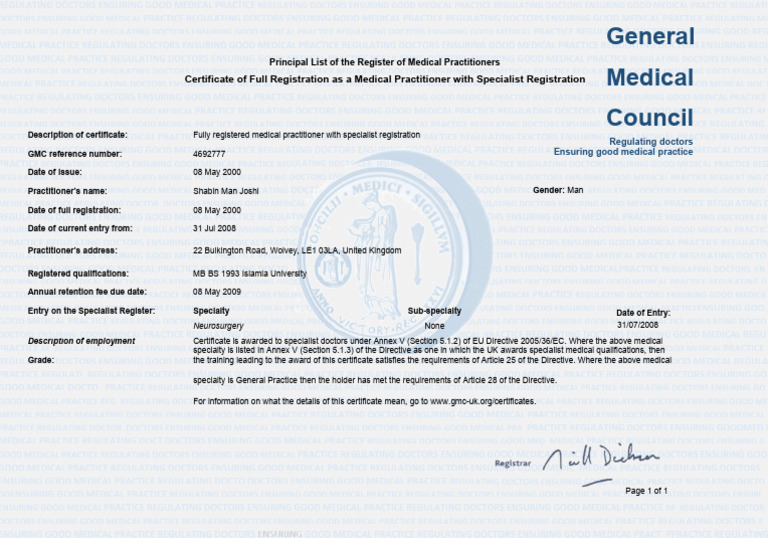 DR Shabin GMC Certificate | PDF | Physician | Health Care