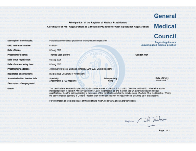 GMC Registration Certificate for Thomas Scott | PDF | Physician | Medicine