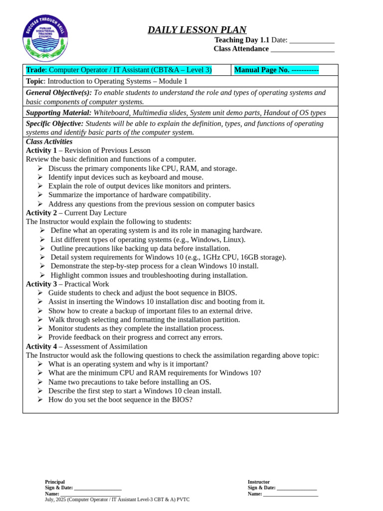 Daily Lesson Plan: IT Assistant Training | PDF | Microsoft Word ...