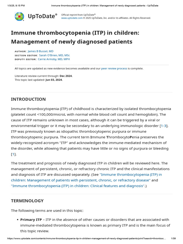 Immune Thrombocytopenia ITP in Children Management of Newly Diagnosed ...