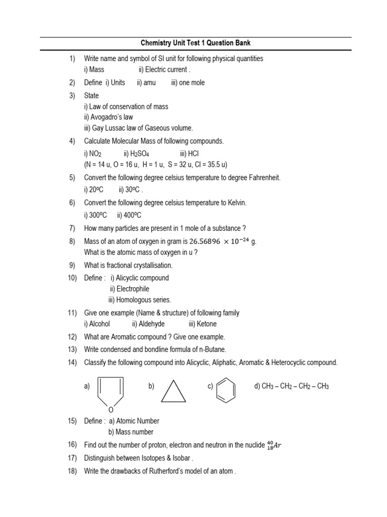 Chemistry Unit Test 1 Question Bank-1 | PDF
