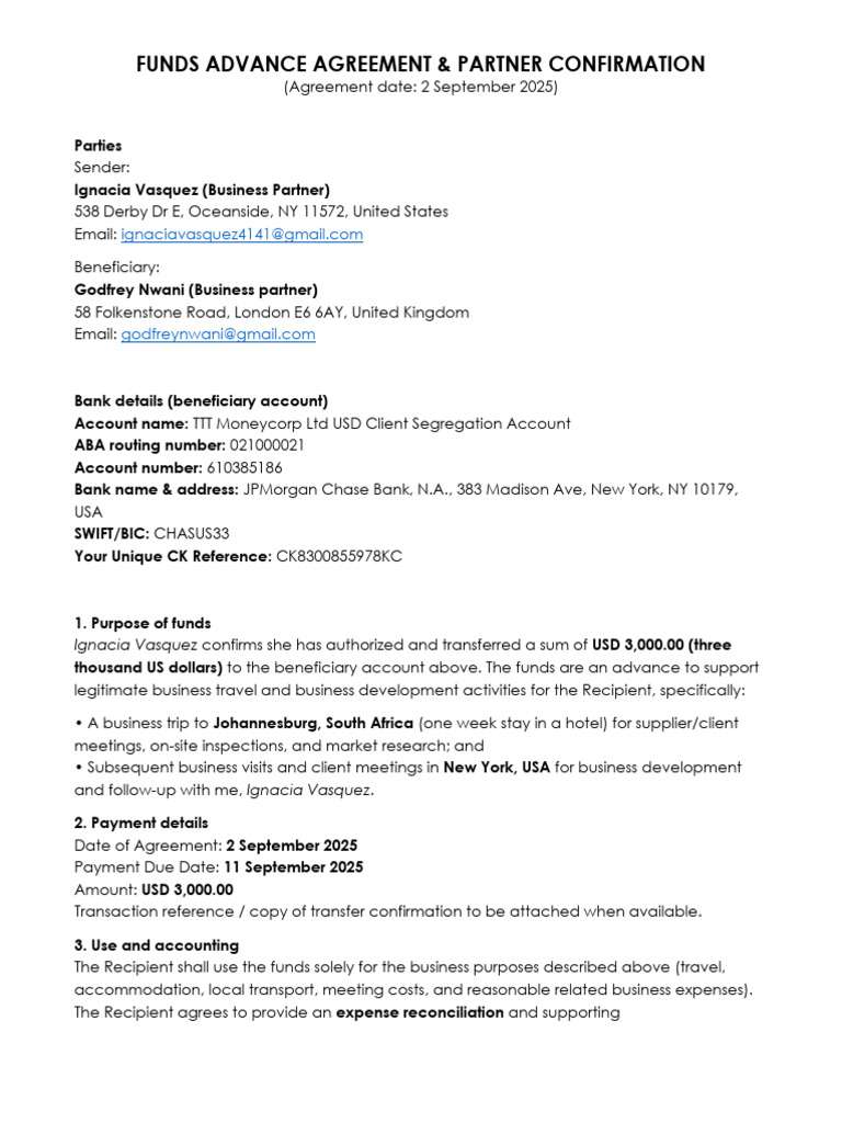 Funds Advance Agreement & Partner Confirmation | PDF