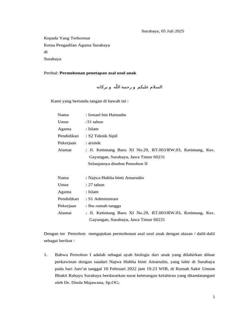 Permohonan Penetapan Asal Usul Anak | PDF