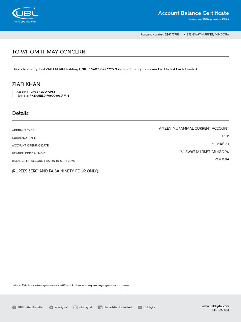 Ziad Khan Account Balance Certificate | PDF