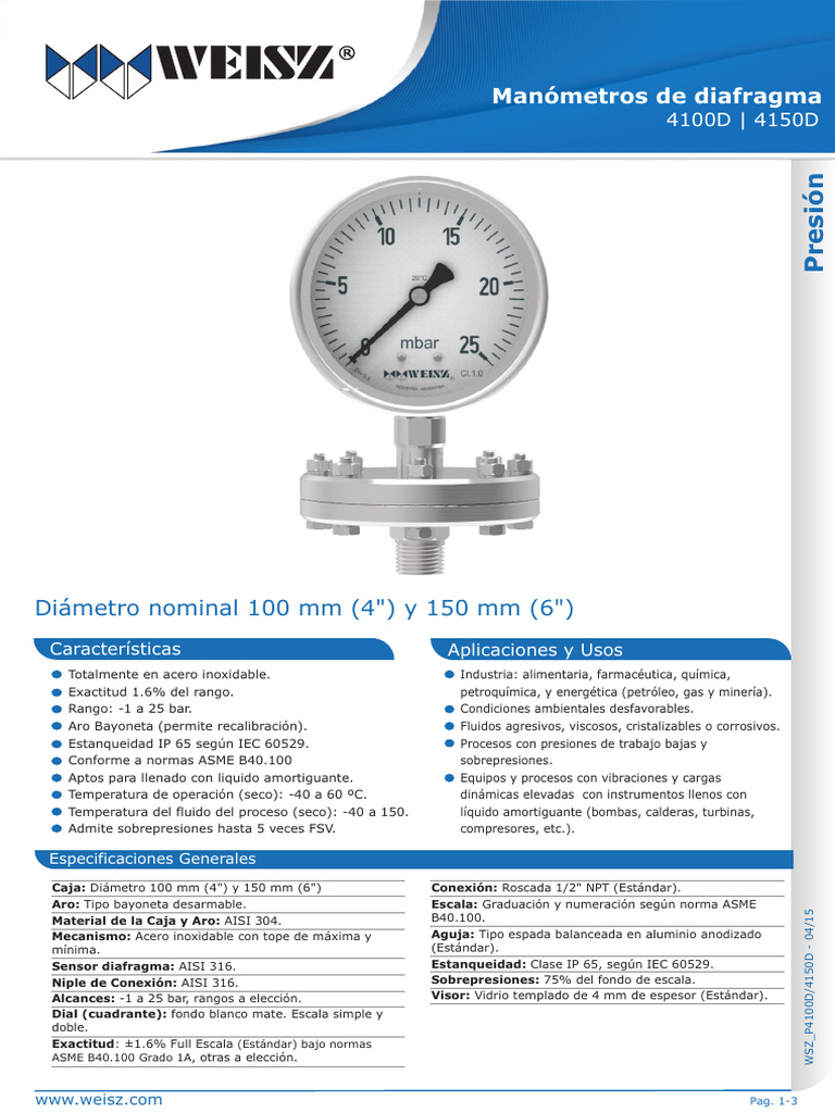 Manómetros de Diafragma 4100D/4150D | PDF | Presión | Ingeniería mecánica