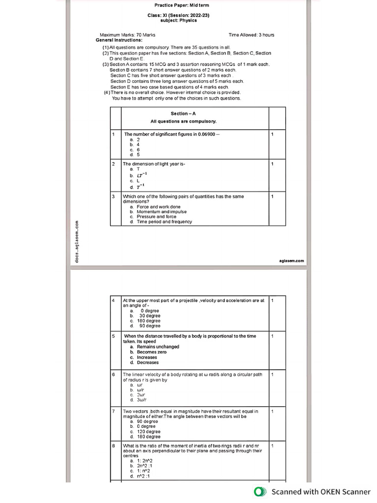 Physics Sample Paper Class 11 | PDF