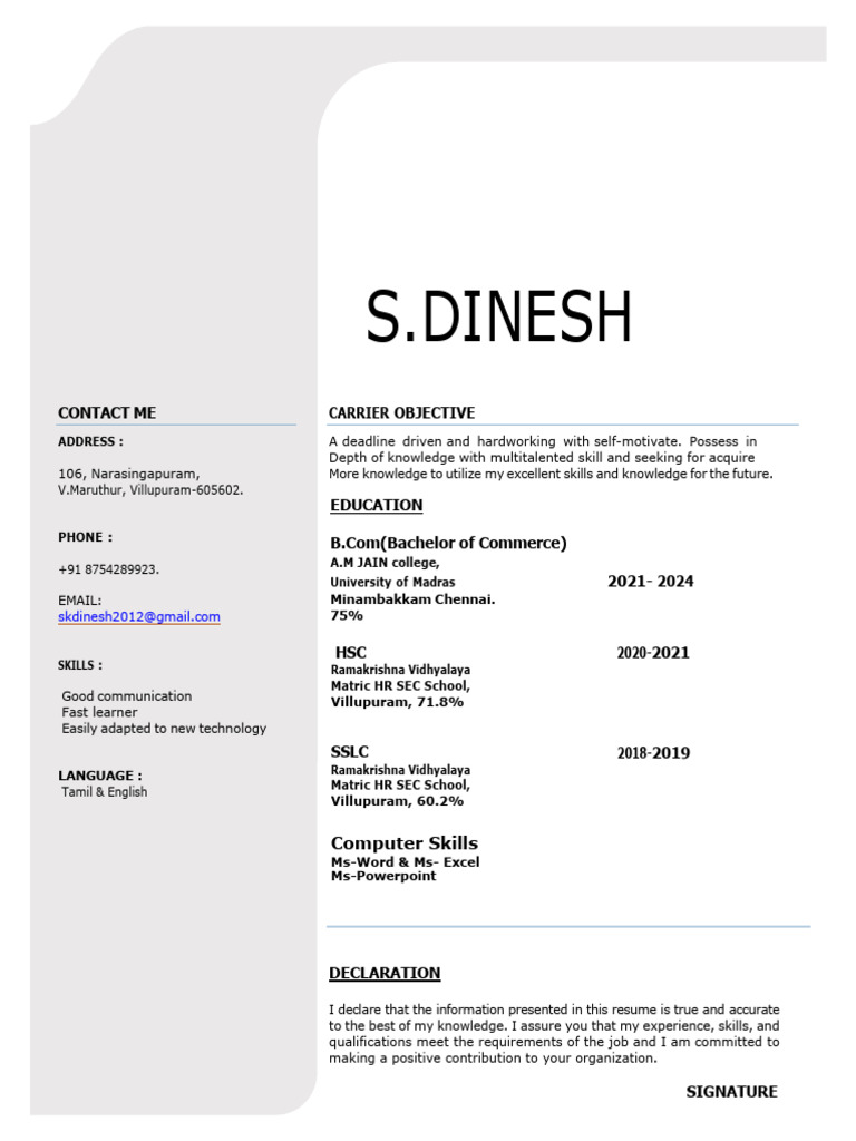 Resume of S. Dinesh - B.Com Graduate | PDF