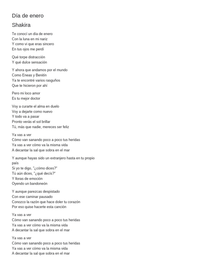Letra - Día de Enero - Shakira | PDF