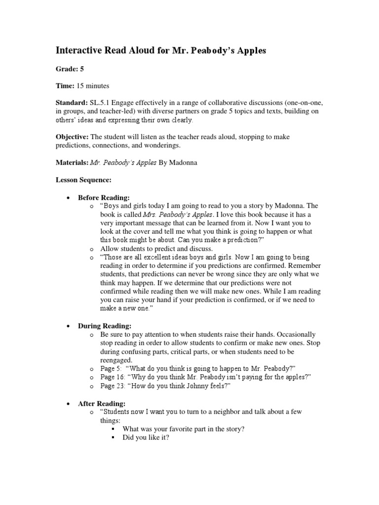 Interactive Read Aloud: Mr. Peabody’s Apples | PDF | Self-Improvement