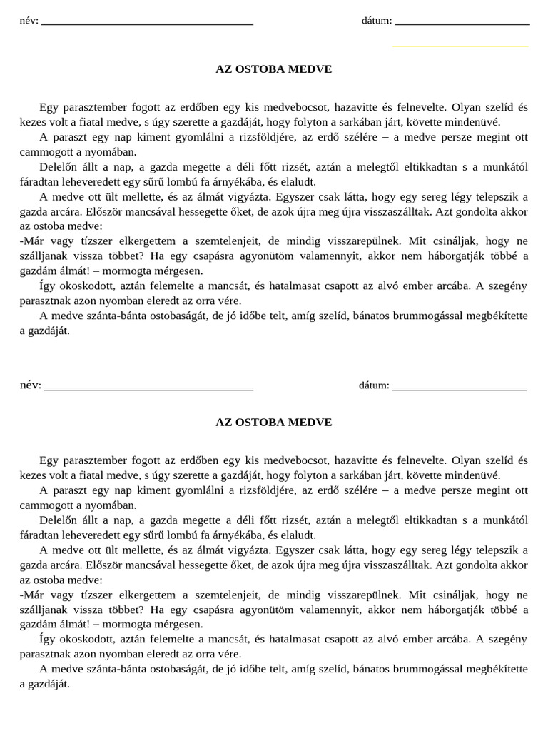 Az - Ostoba - Medve - Szövegértés Év Eleji És Év Végi Felmérés | PDF