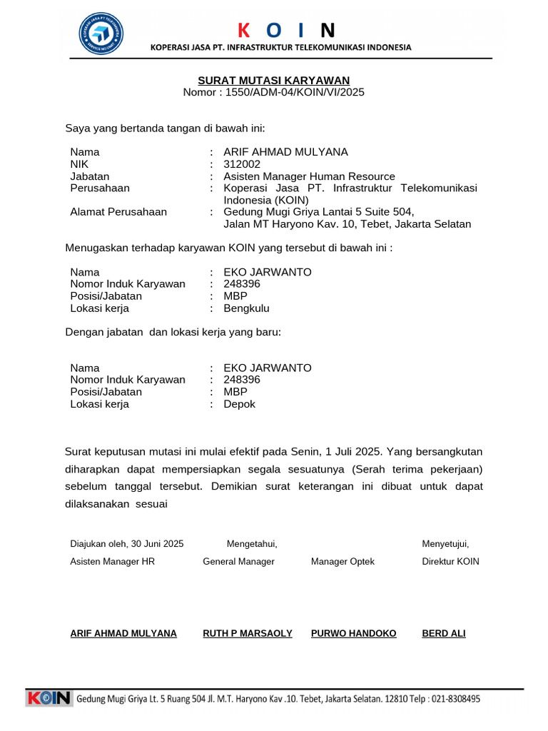 Surat Mutasi Karyawan | PDF