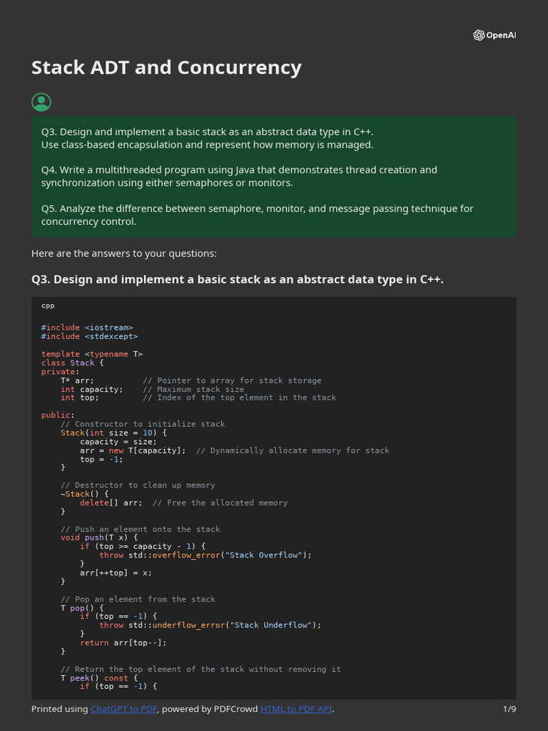 Stack ADT and Concurrency | PDF | C++ | Computer Programming