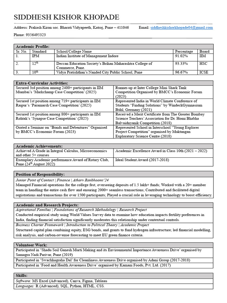 Siddhesh Khopade Resume 1 2 | PDF | Economies