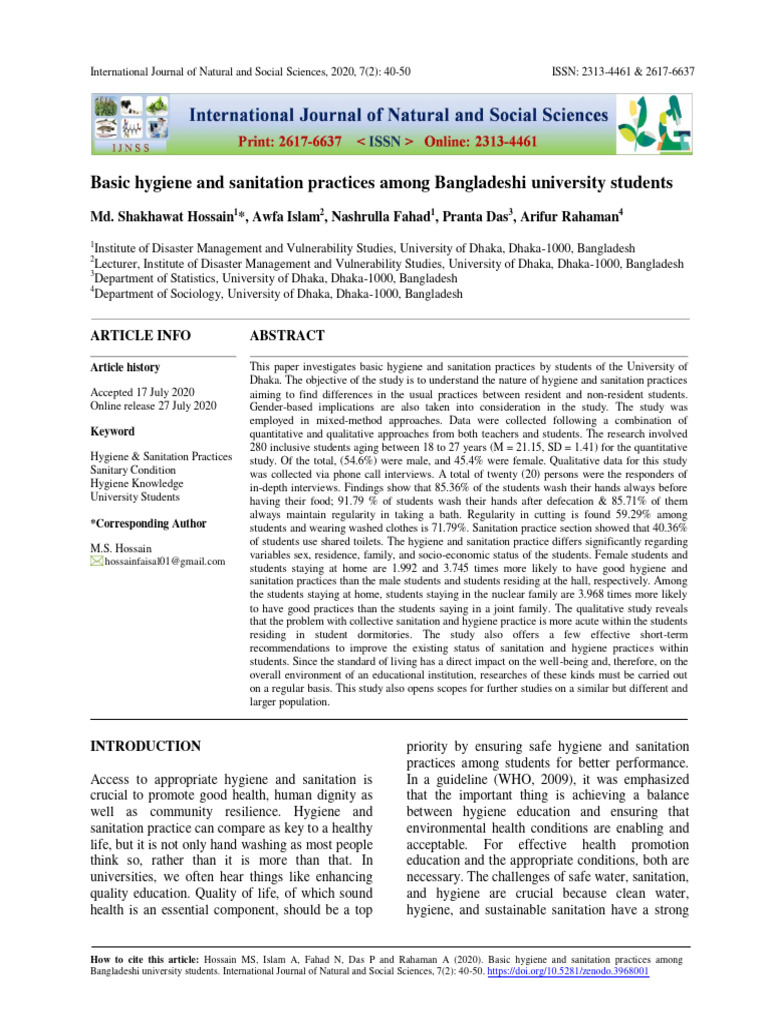 Basic Hygiene and Sanitation Practices Among Bangladeshi University ...