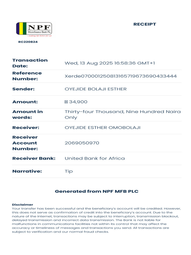 Successful Money Transfer Receipt | PDF