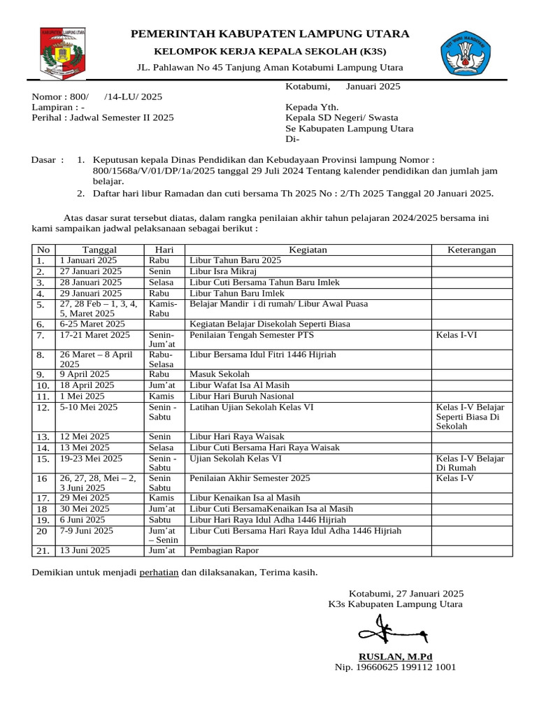 Jadwal Semester II 2025 Lampung Utara | PDF
