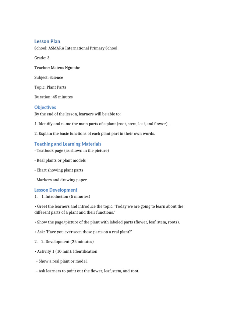 Grade 3 Plant Parts Lesson Plan | PDF