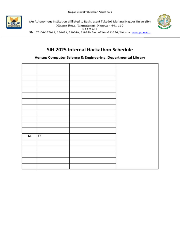 SIH 2025 Internal Hackathon Schedule - CSE - 18 Sept | PDF