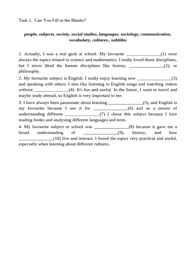 Favourite Subject (Fill The Gap) | PDF