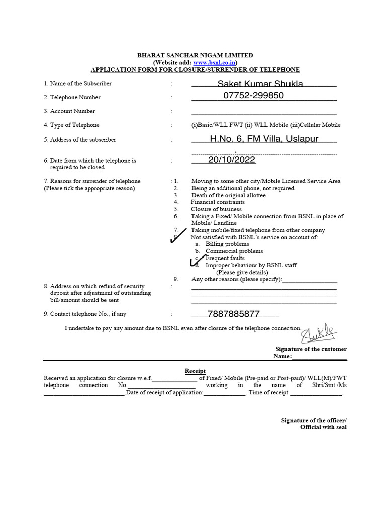 BSNL Landline Closure/Surrender Form | PDF | Telephone | Telecommunications
