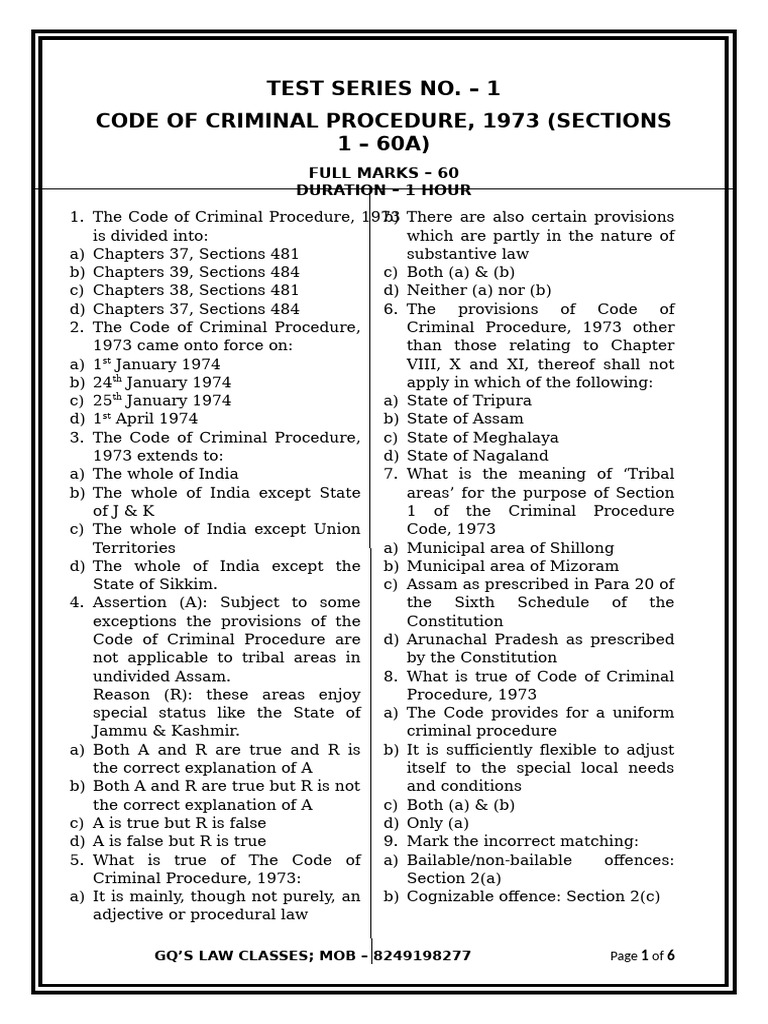 Criminal Procedure Code Test Series | PDF | Magistrate | Arrest