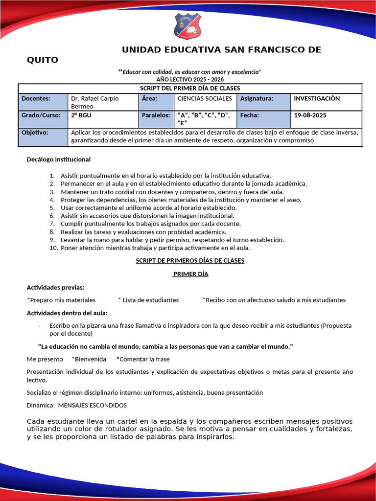 Script para el Primer Día de Clases BGU | PDF | Maestros | Salón de clases