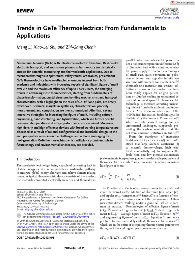 Trends in GeTe Thermoelectrics From Fundamentals To | PDF | Condensed ...