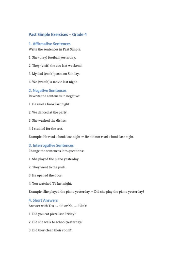 Past Simple Exercises Grade4 | PDF