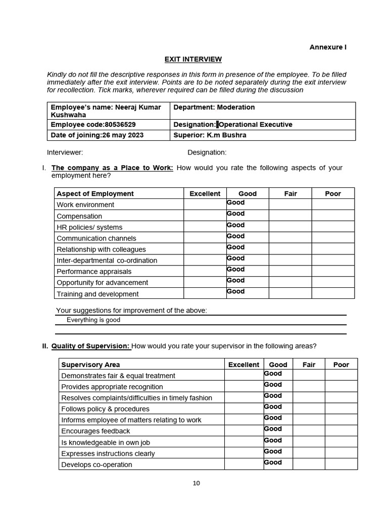 Exit Interview Feedback Form Template | PDF | Employment | Industrial ...