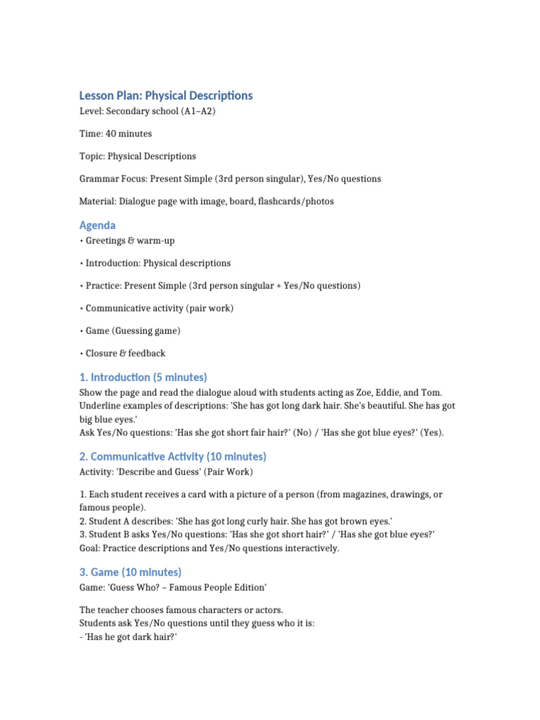 Lesson Plan: Physical Descriptions A1-A2 | PDF