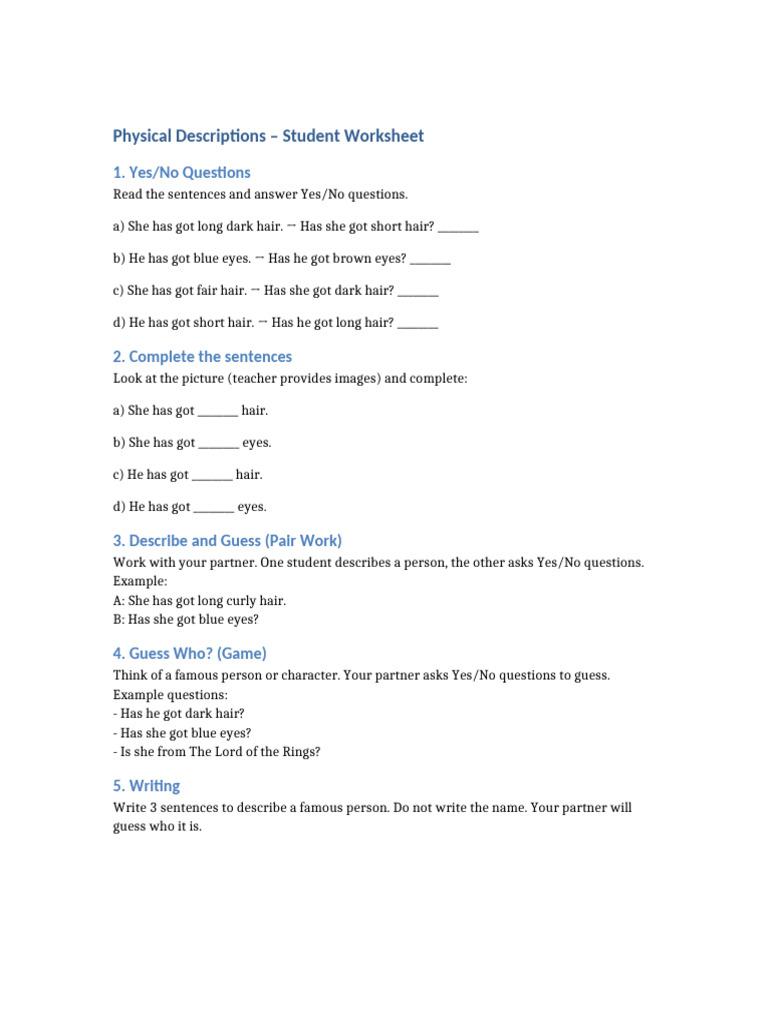 Physical Traits Description Worksheet | PDF