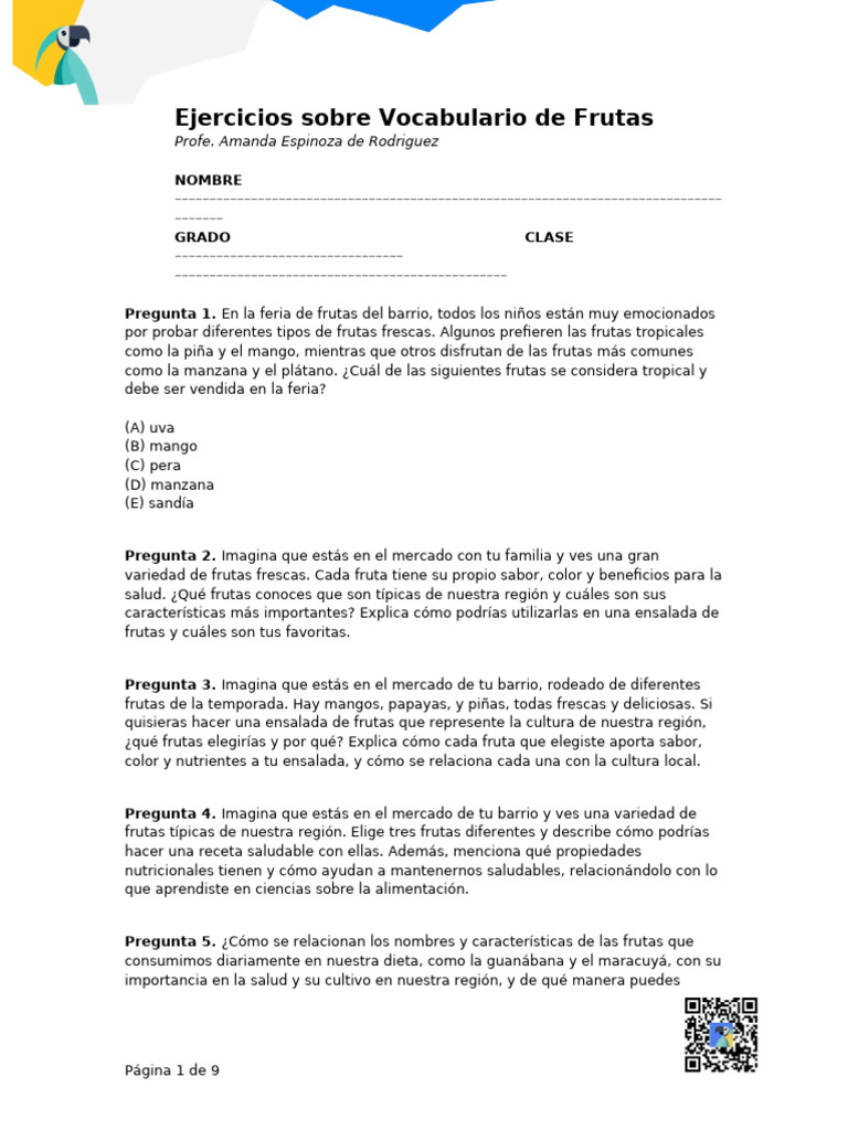 Ejercicios de Vocabulario de Frutas | PDF | Fruta | Mango