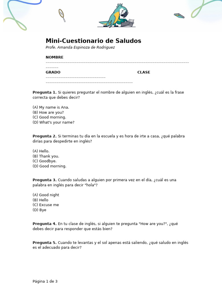 Mini-Cuestionario de Saludos en Inglés | PDF