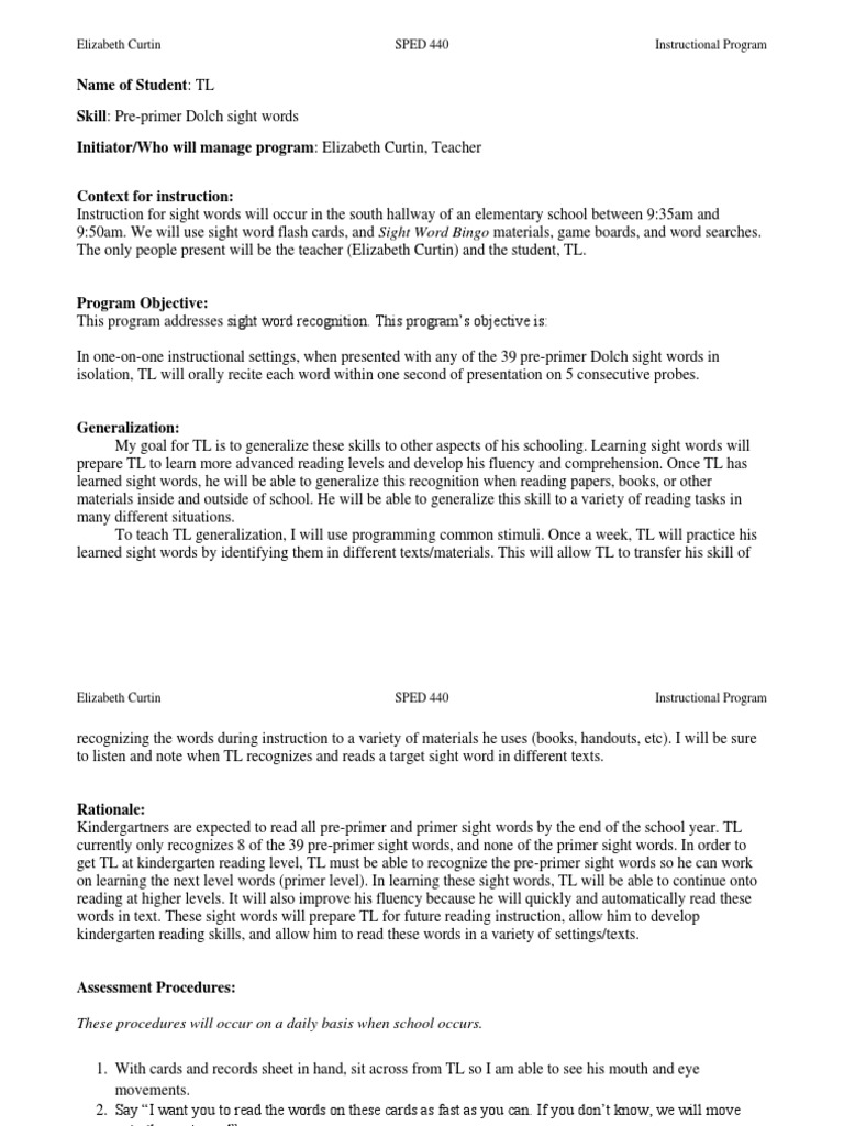Sight Words Instructional Program | PDF | Reinforcement | Reading ...