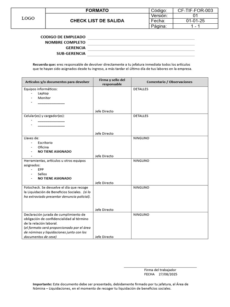 Modelo Check List | PDF