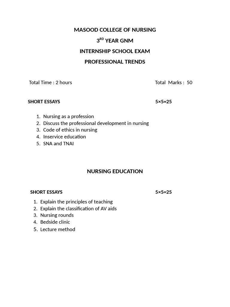 GNM Nursing Internship Exam Guide | PDF