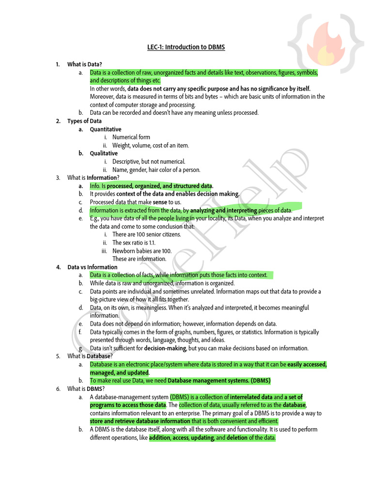 DBMS Full Notes | PDF | Databases | Relational Database