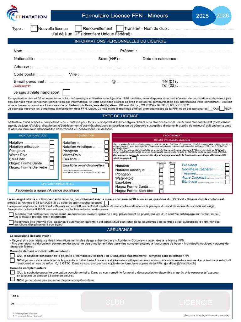 Formulaire Licence Mineur 2026 Remplissable-Shorten | PDF