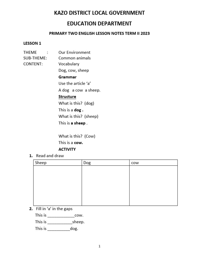Primary Two English Lesson Notes Term II Final (Repaired) | PDF ...