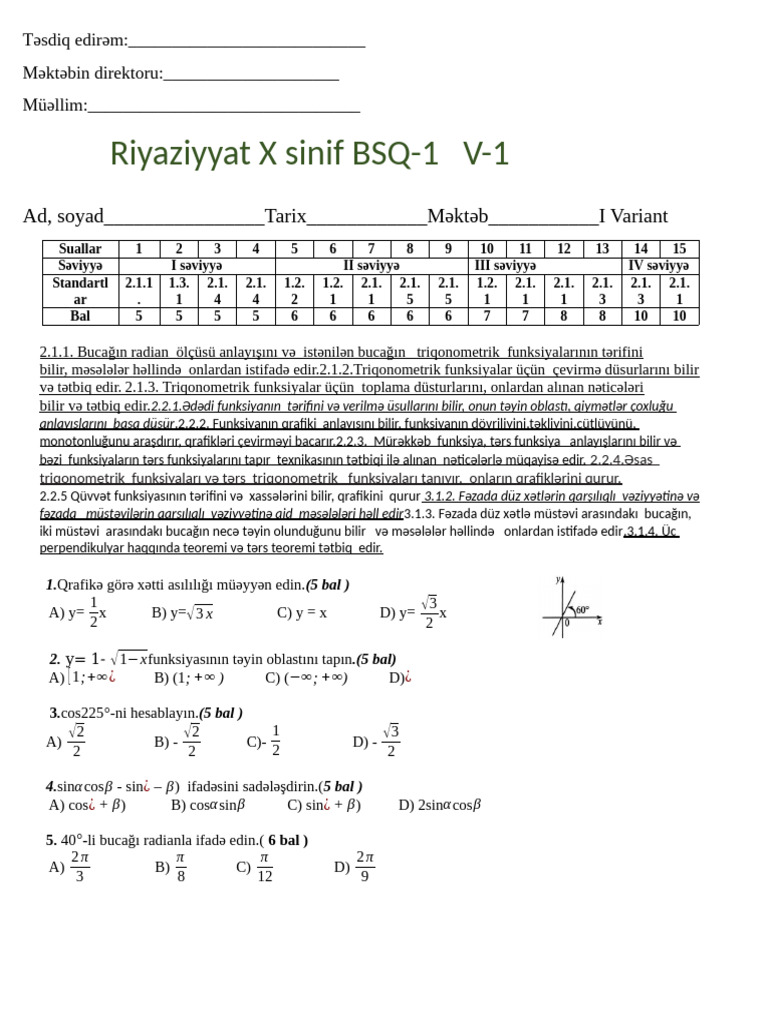 Riyaziyyat X Sinif BSQ-1 V-1: Ad, Soyad - Tarix - MƏKTƏB - I Variant | PDF