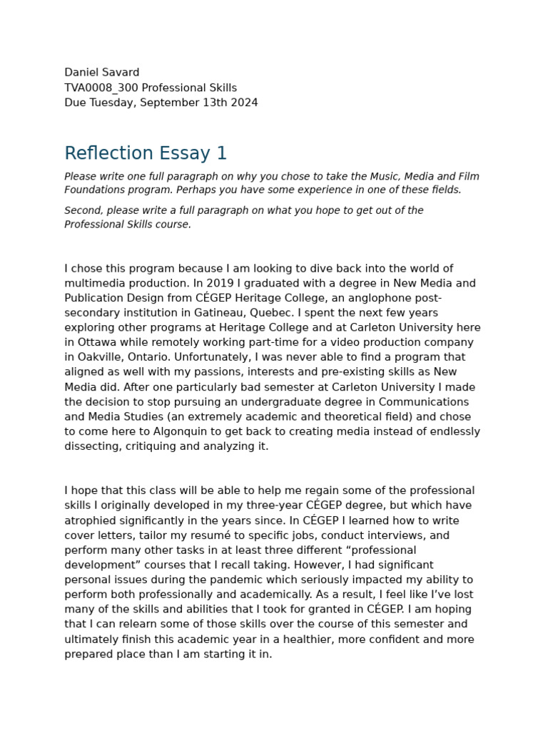 Pro Skills - Reflection Essay 1 | PDF