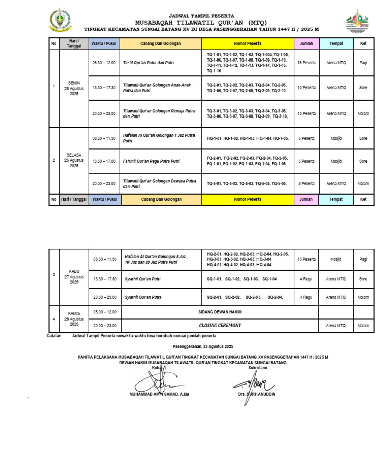 Jadwal Tampil Peserta MTQ 2025 | PDF
