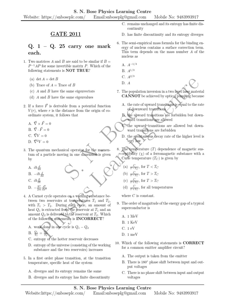 GATE 2011 Physics Question Paper | PDF | Temperature | Spectral Line
