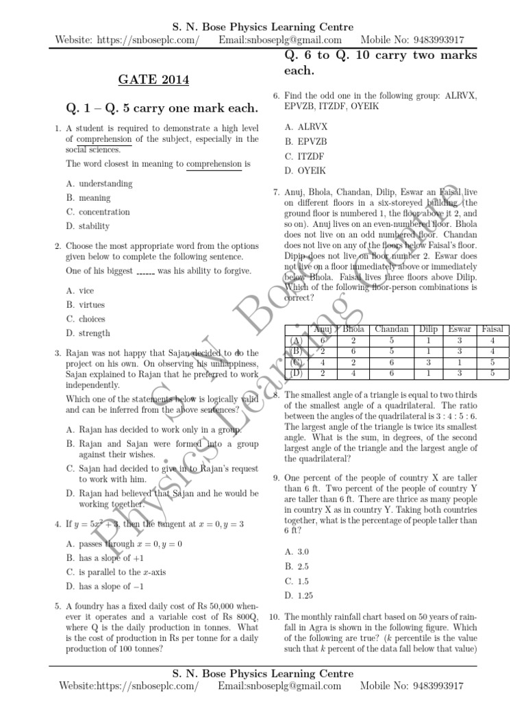 GATE 2014 Physics Practice Questions | PDF | Angular Momentum | Waves