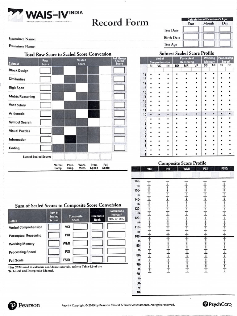 WAIS-IV Record Form Overview | PDF | Wechsler Adult Intelligence Scale ...